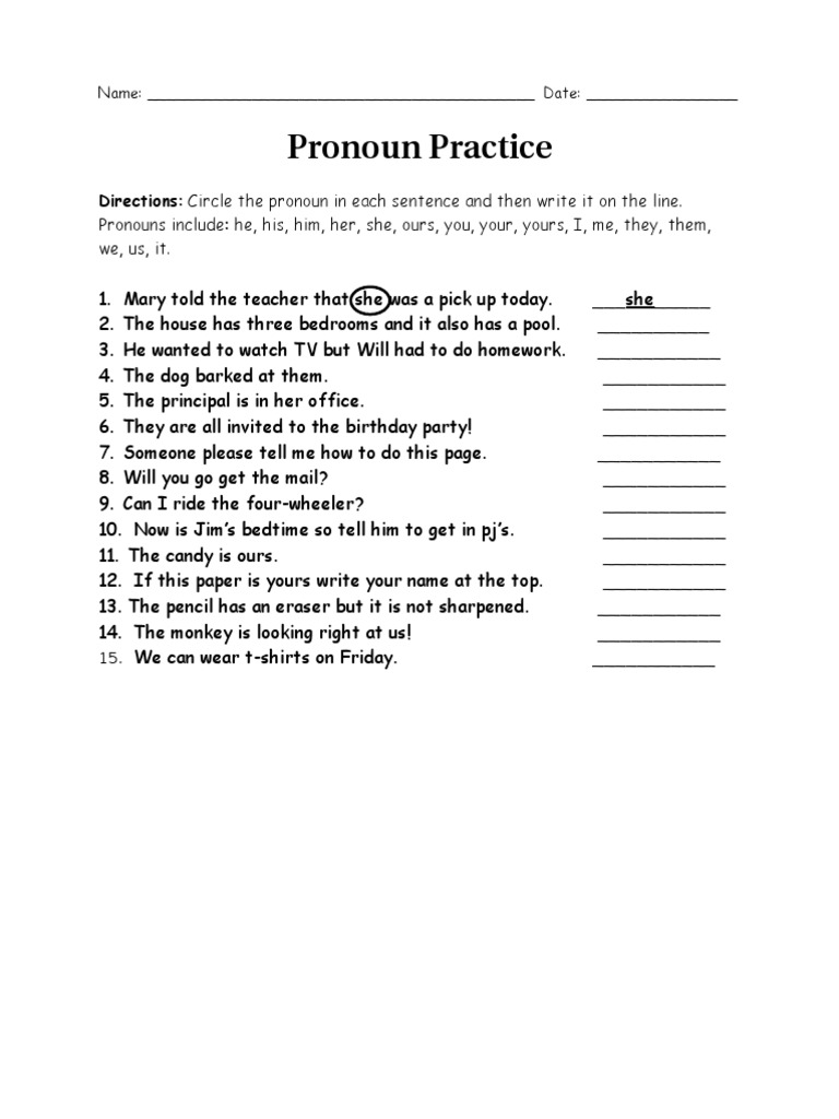 Pronoun Practice: Directions: Circle The Pronoun in Each Sentence and ...