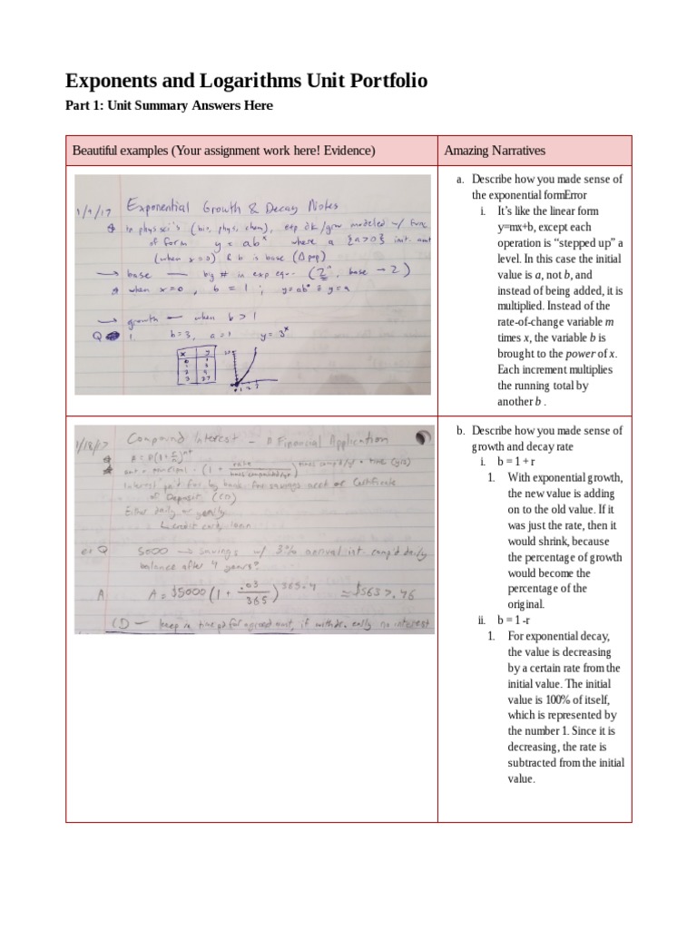 Exponents and Logarithms Unit Portfolio - Reiter | PDF | Exponentiation ...