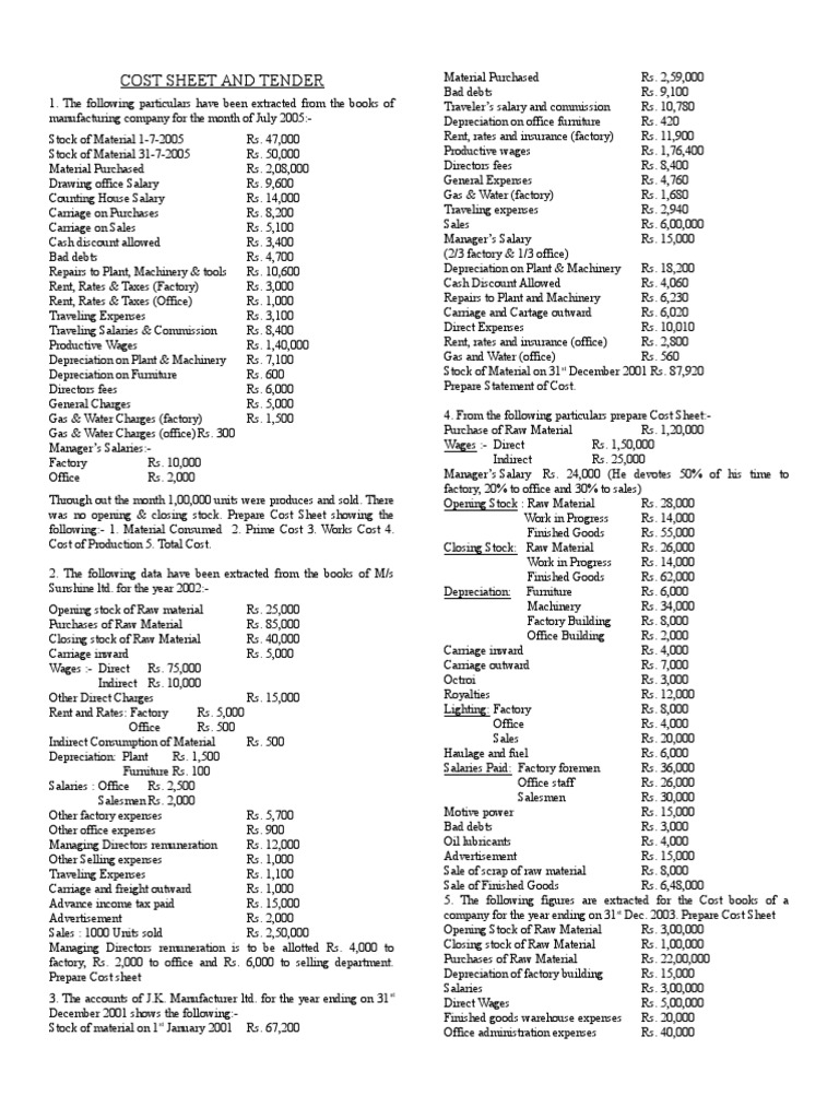 Cost Sheet and Tender | Cost | Gross Income