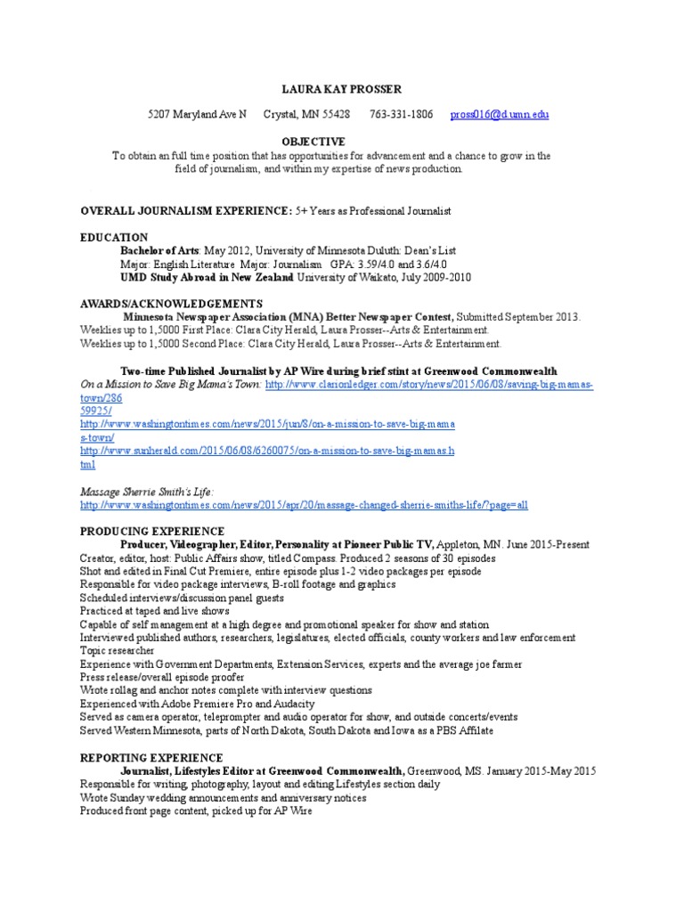Laura Kay Prosser Resume | PDF | Journalism | Newspapers