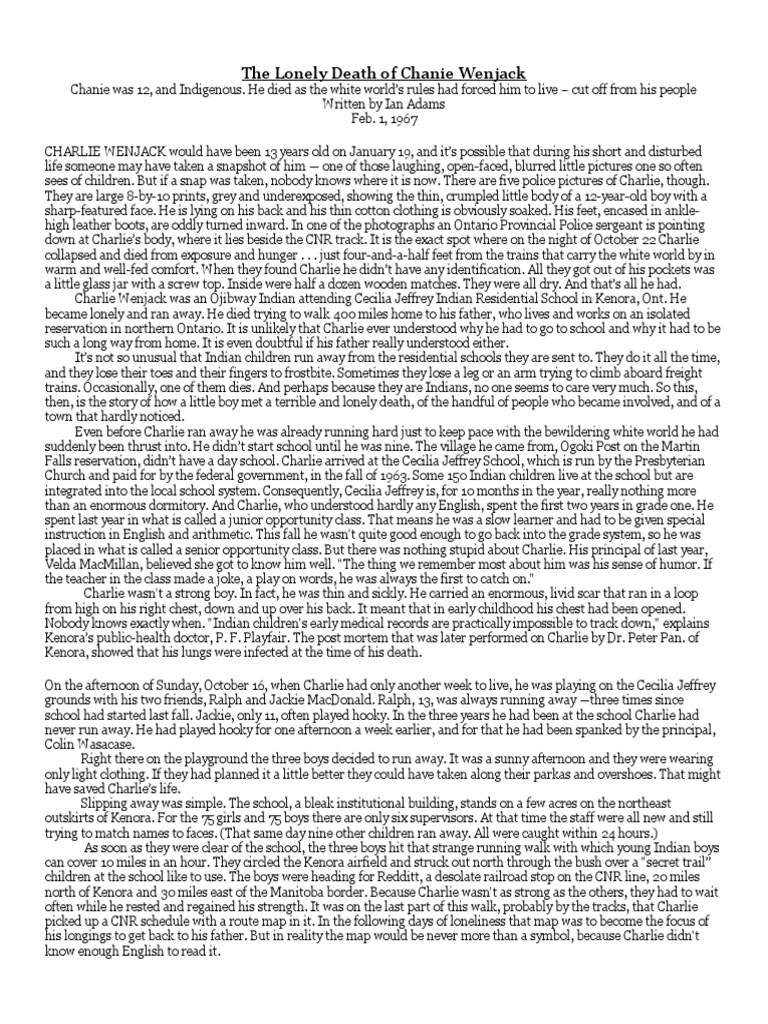 the lonely death of chanie wenjack | Transport