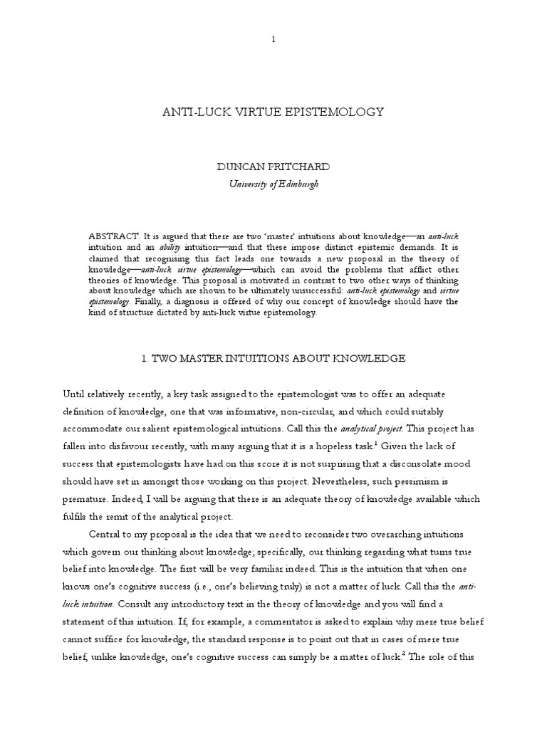Anti-Luck Virtue Epistemology: University of Edinburgh | PDF ...