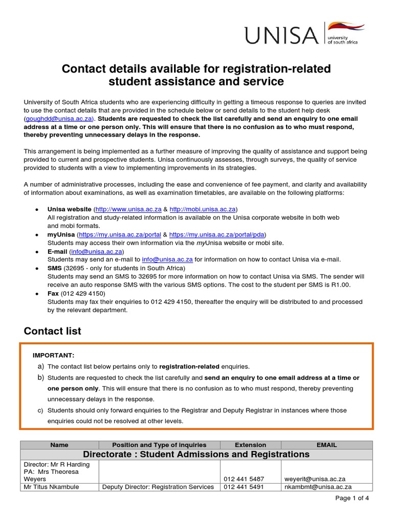 Unisa Registration Assistance Contacts | PDF | Short Message Service ...