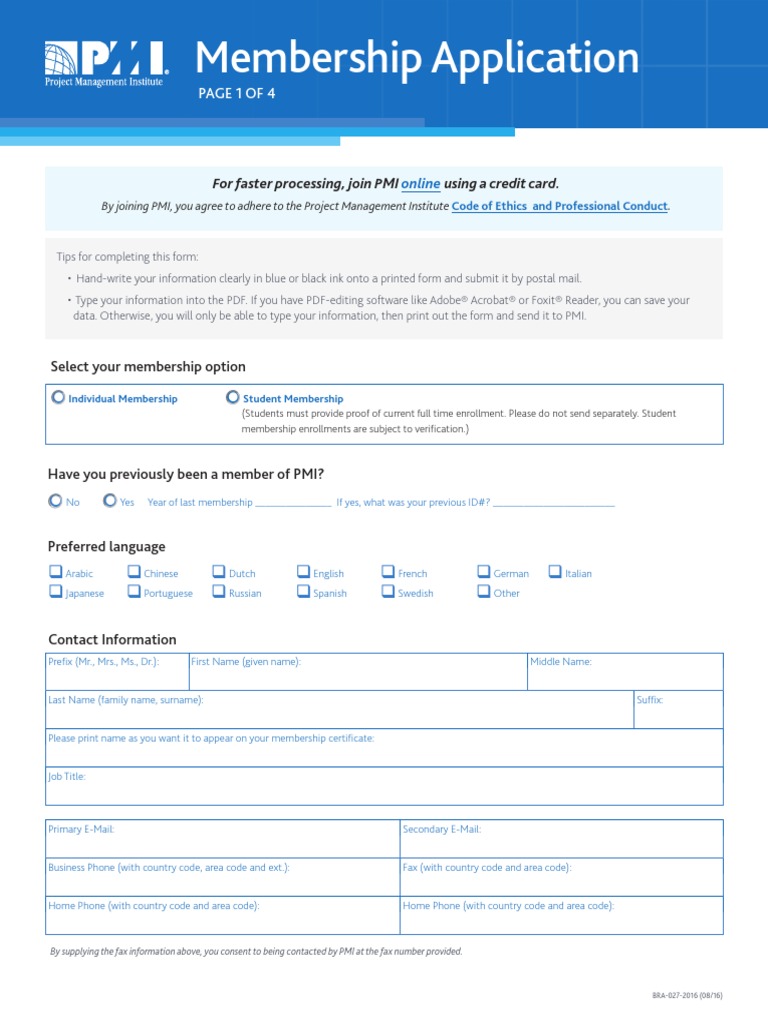 PMI Membership Application | Download Free PDF | Zip Code | Euro