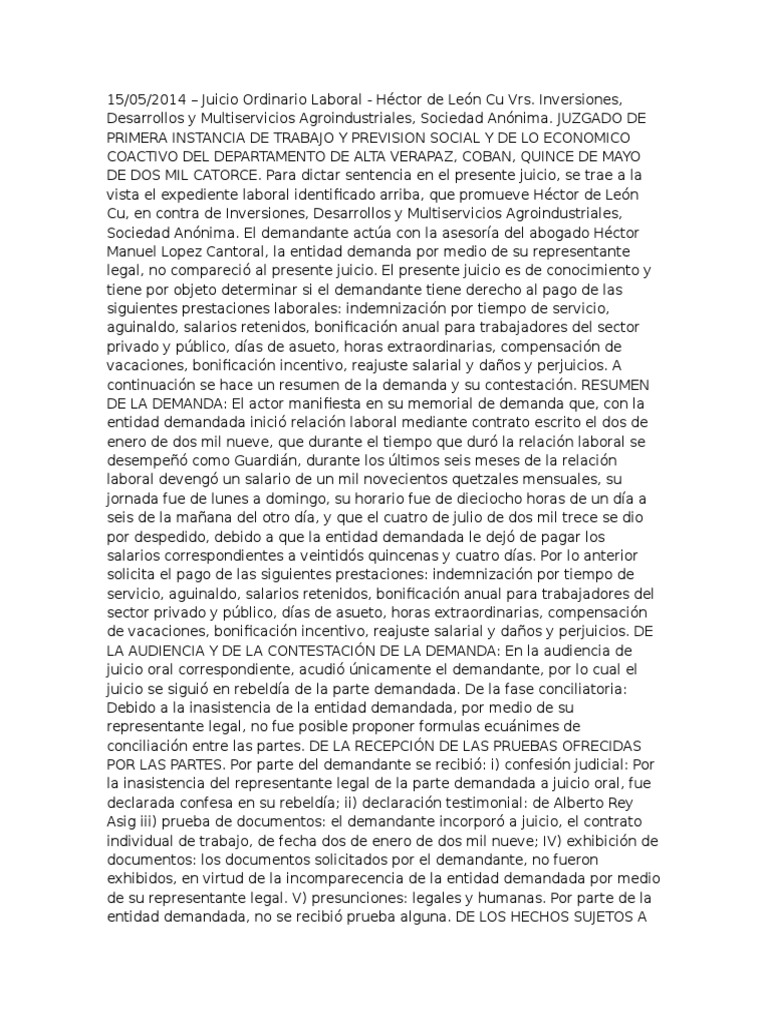 Sentencia Laboral | PDF | Salario | Evidencia (ley)