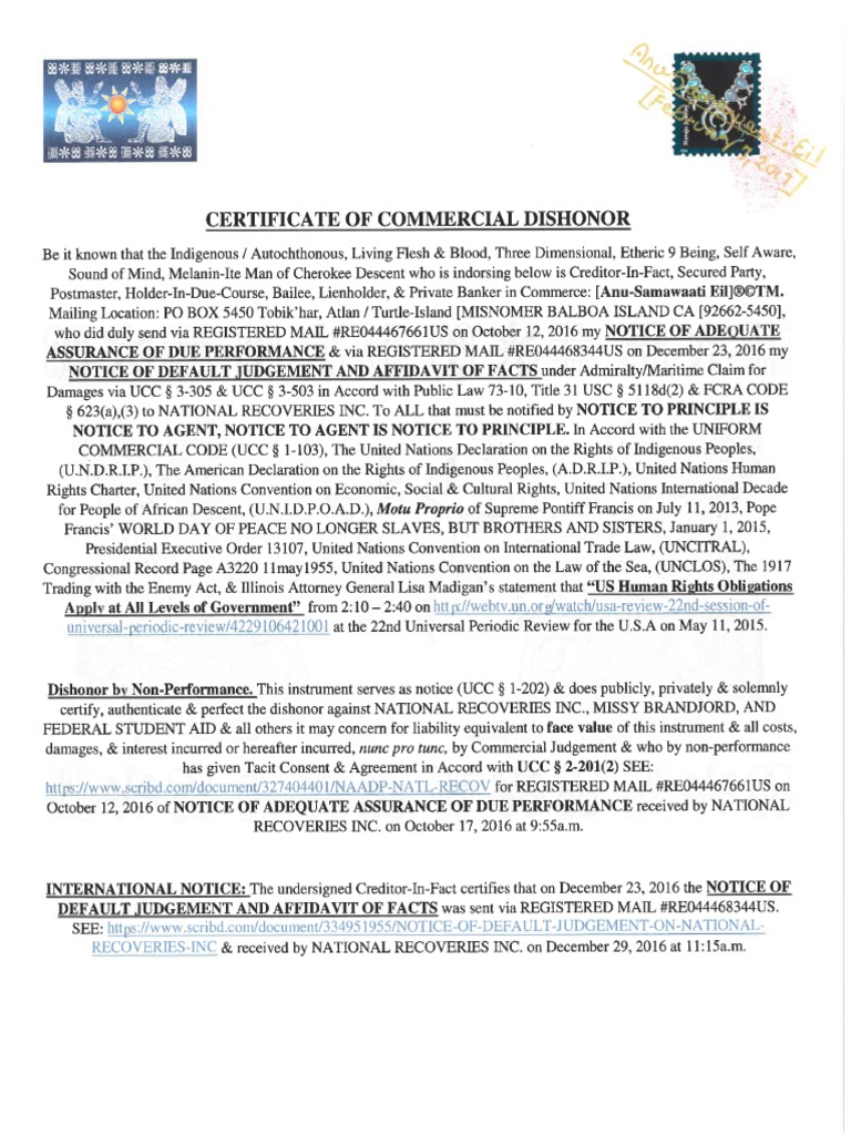 Notarized Cert of Comm Dishonor National Recoveries | PDF