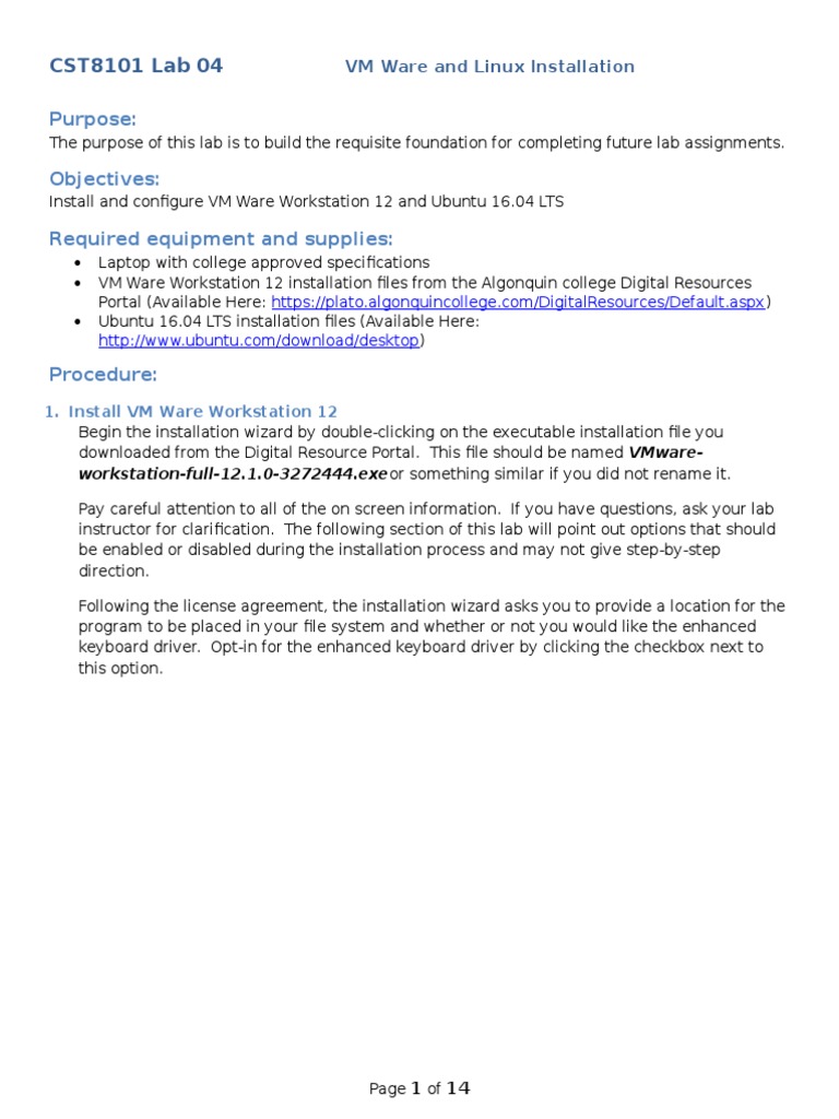 CST8101-VMWare and Ubuntu Intstallation | PDF | Installation (Computer Programs) | V Mware
