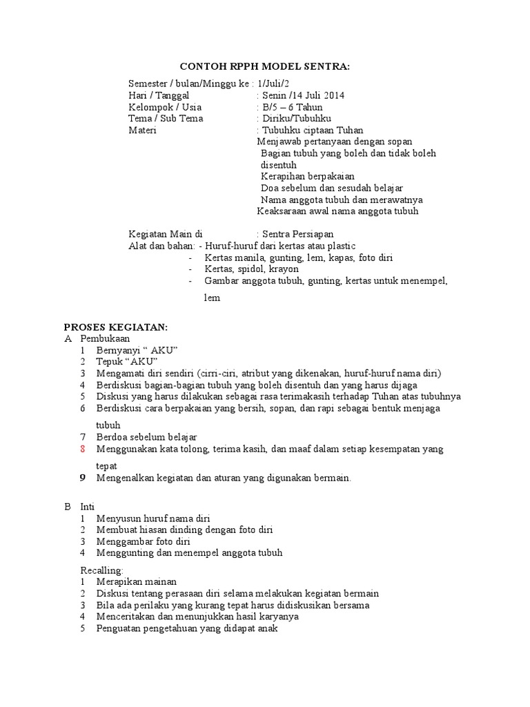 RPPH Tema Diri Sendiri untuk PAUD | PDF