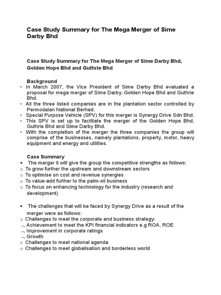Case Study Summary For The Mega Merger of Sime Darby BHD | PDF ...
