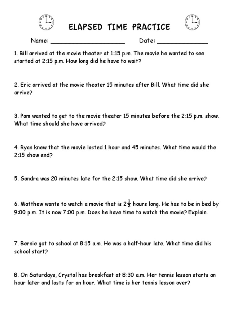 Elapsed Time Practice: Name: - Date | PDF
