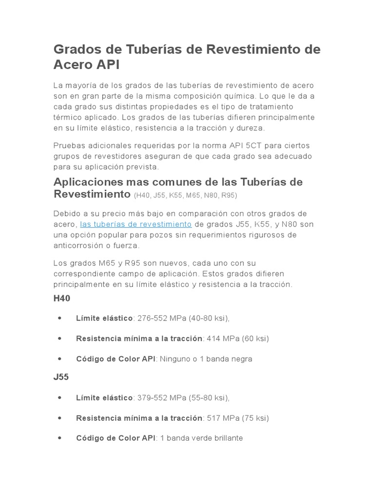 Grados de Tuberías de Revestimiento API | PDF | Acero | Materiales