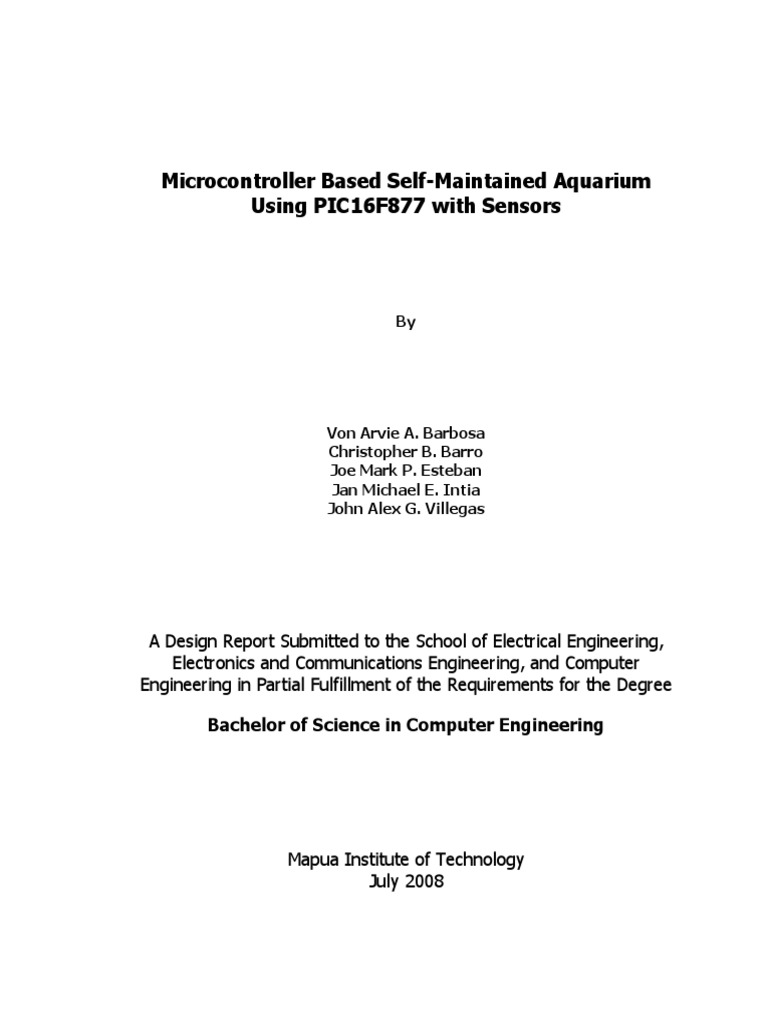 Microcontroller Based Self-Maintained Aquarium Using PIC16F877 With SensorsFULL | PDF | Aquarium ...