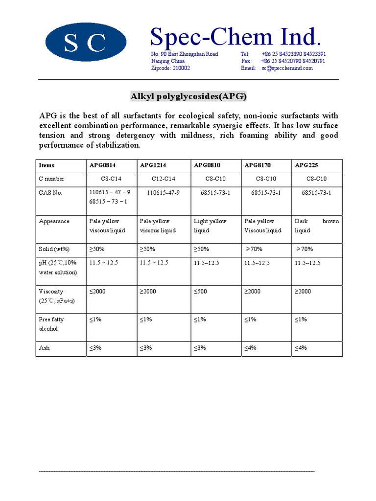 Alkyl Polyglycosides Overview and Specs | PDF