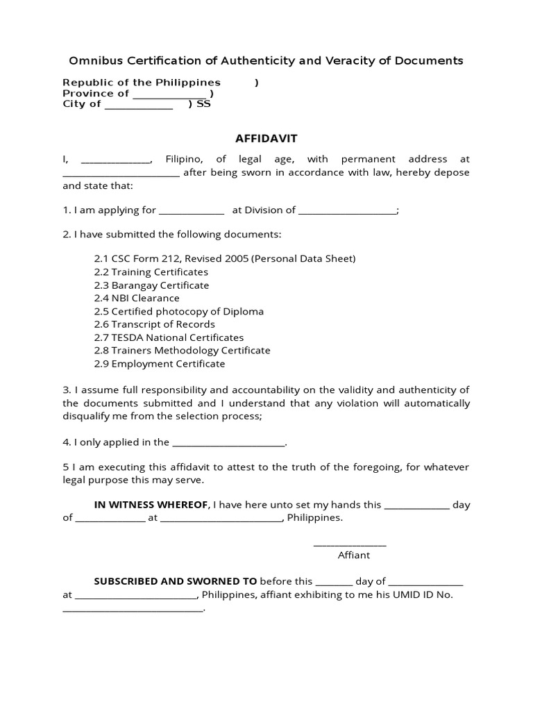 Omnibus Affidavit of Authenticity for Documents Submitted in an ...