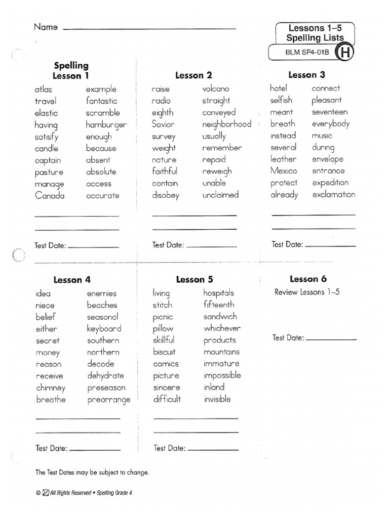 Spelling Lists For Entire Year | PDF