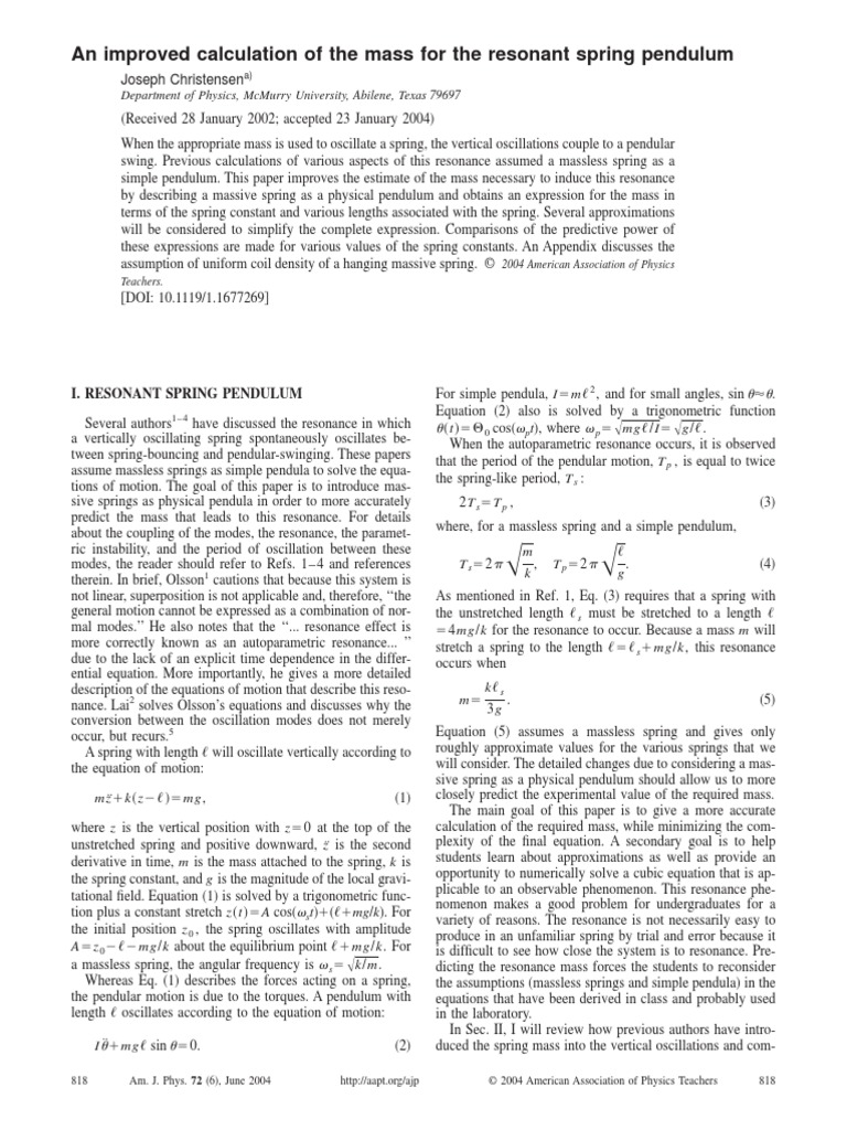 An Improved Calculation of The Mass For The Resonant Spring Pendulum ...
