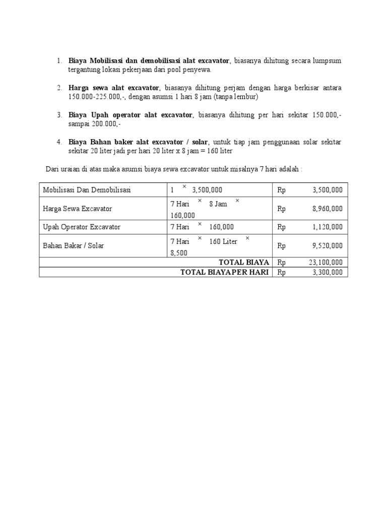 Biaya Mobilisasi Dan Demobilisasi Alat Excavator | PDF