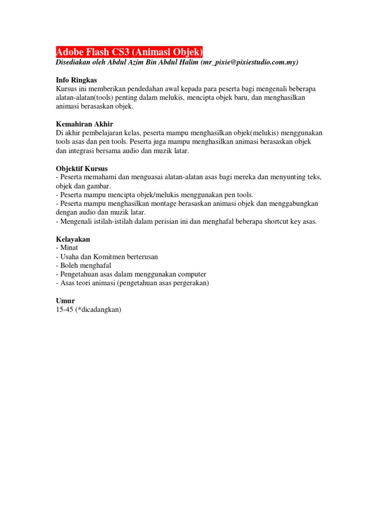 Silibus Kursus Adobe FlashCS3 Animasi Objek Pixie Studio, Melaka | PDF