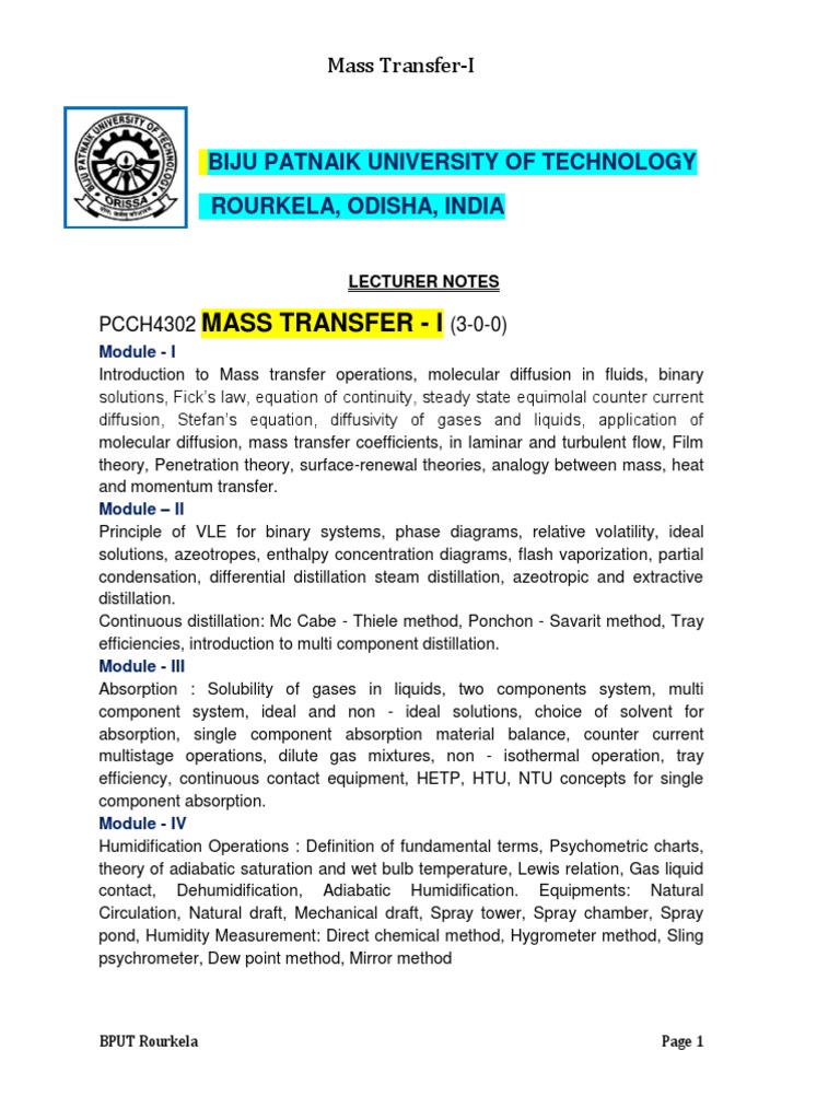 Mass Transfer I PDF | PDF | Diffusion | Distillation