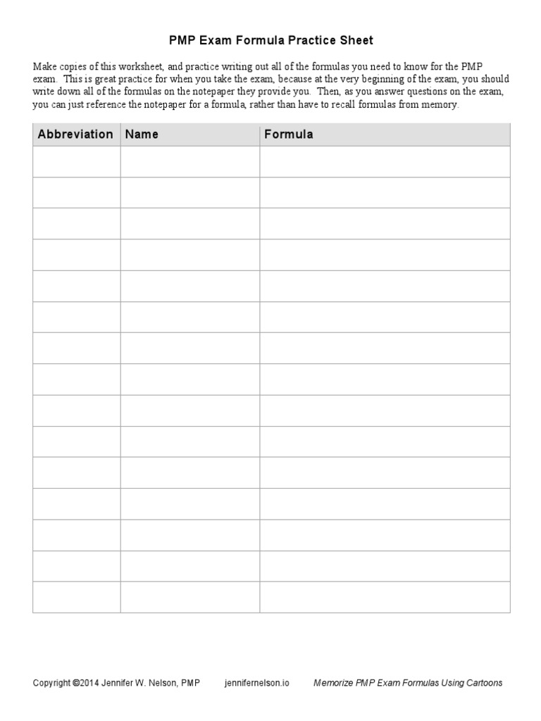 PMP Exam Formula Practice Sheet | PDF