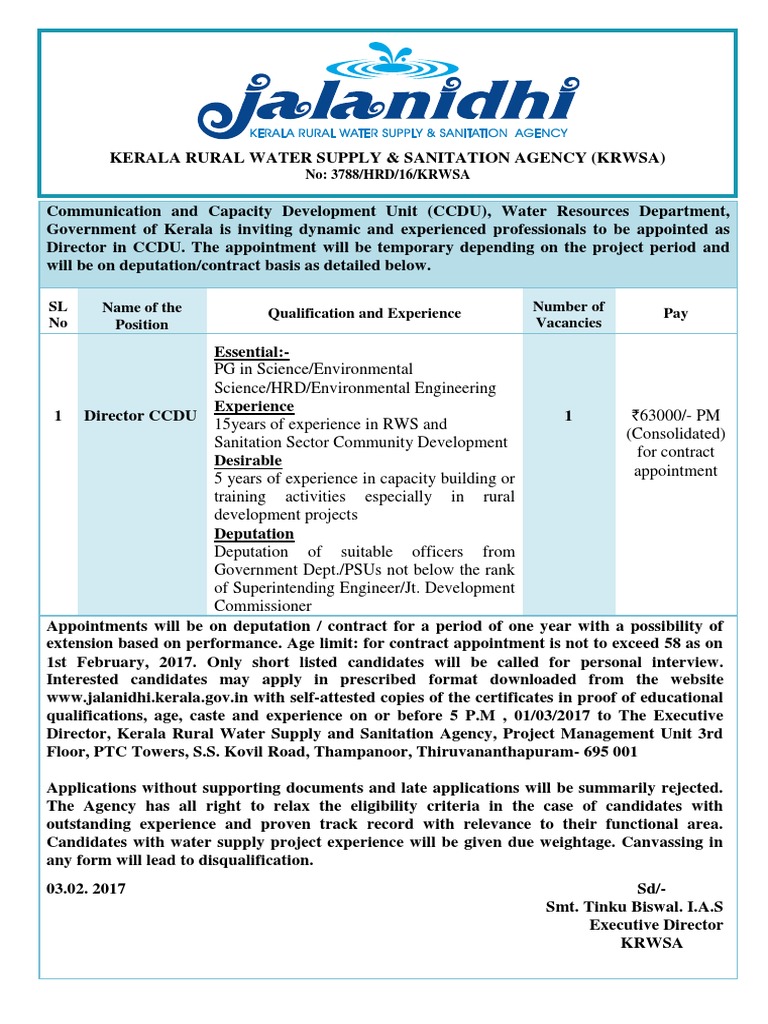 Notification Jalanidhi Director Posts | PDF | Hydrology | Water Supply