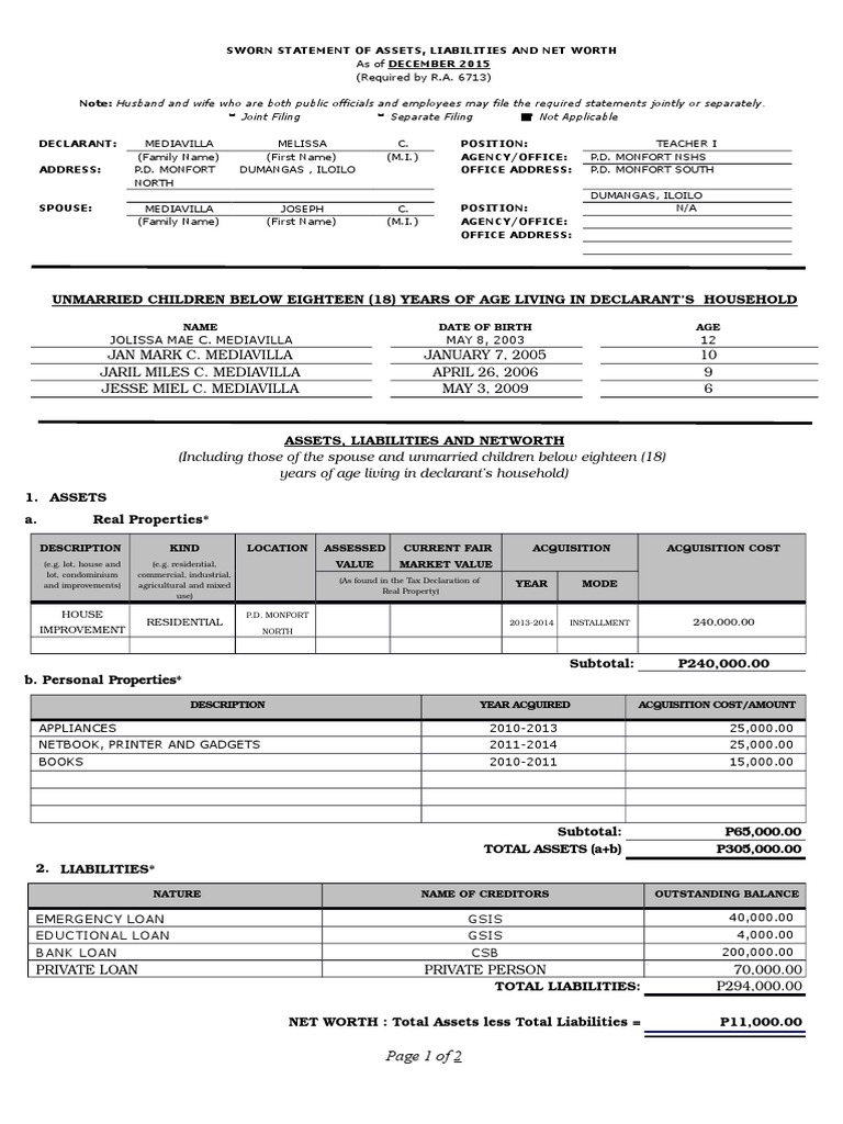 Sworn Statement of Assets and Liabilities | PDF | Identity Document ...