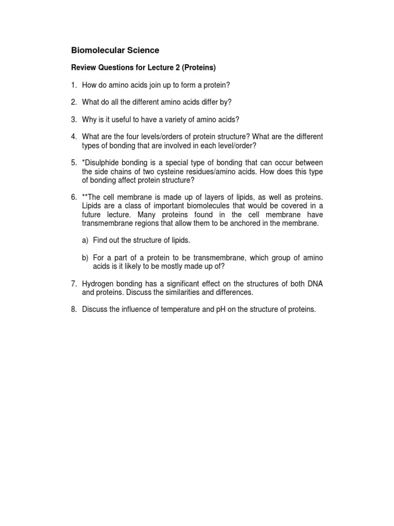 Biomolecular Science: Review Questions For Lecture 2 (Proteins) | PDF