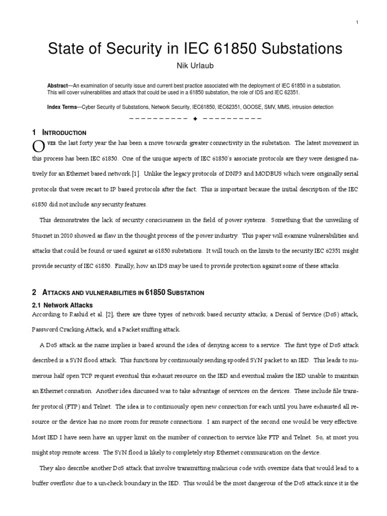 State Of Security In Iec 61850 Substations Pdf Transmission Control Protocol Denial Of