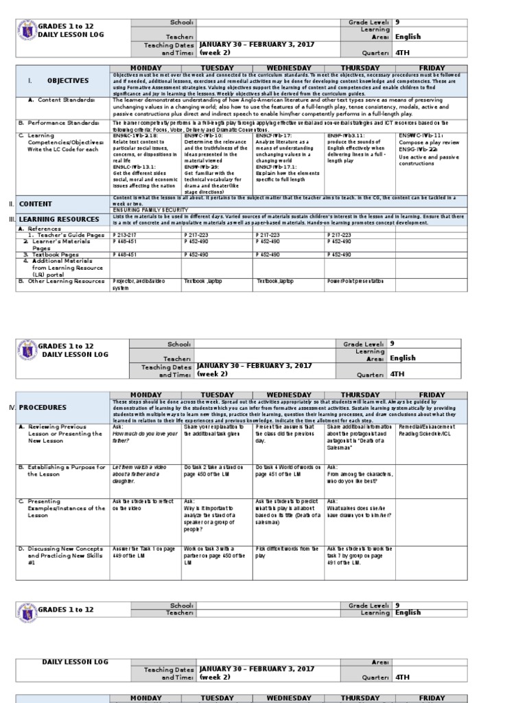 Grade 9 English Daily Lesson Log | PDF | Educational Assessment ...