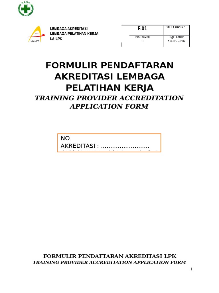 F.01 (Formulir Pendaftaran Akreditasi LPK) | PDF