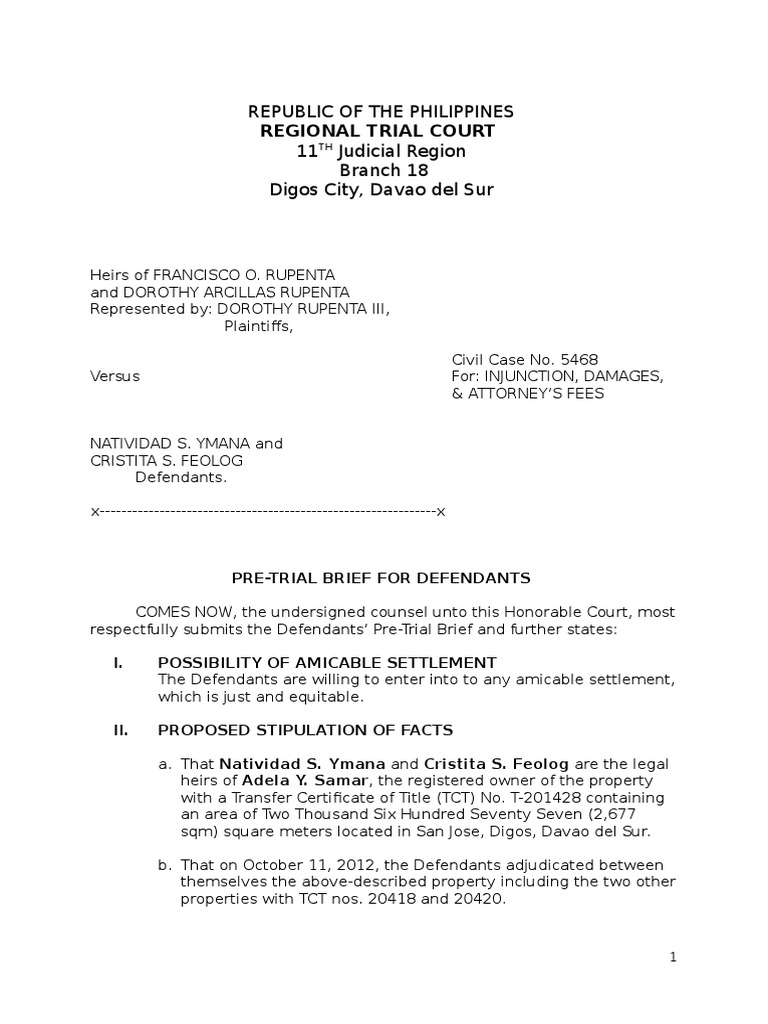 Pre-trial Brief Rupenta | Lawsuit | Civil Law (Common Law)