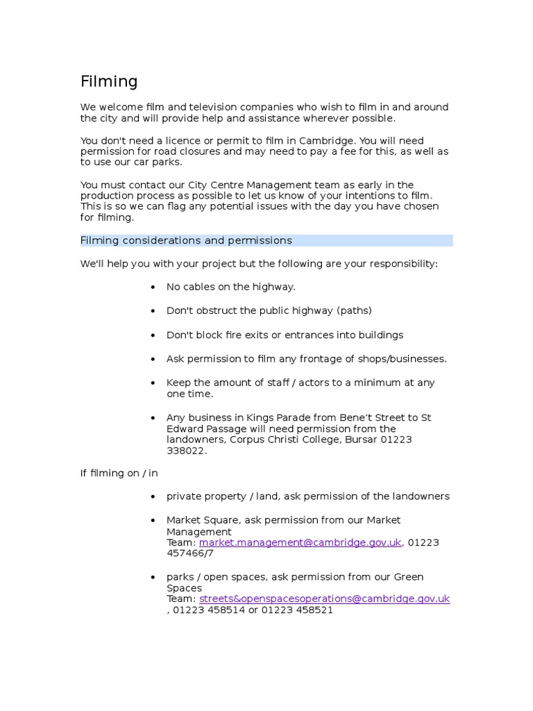 Filming in Cambridge Information | PDF | Cambridge | Parking Lot