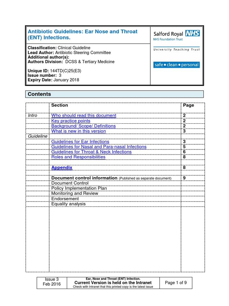 Ear, Nose and Throat (ENT) Infections Antibiotic Guidelines | PDF ...