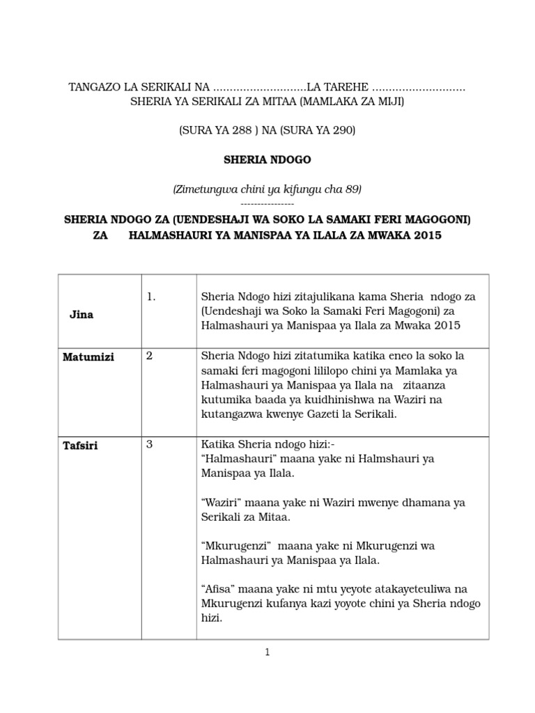 Sheria Ndogo - Uendeshaji Wa Soko La Samaki Feri Magogoni, 2015 | PDF