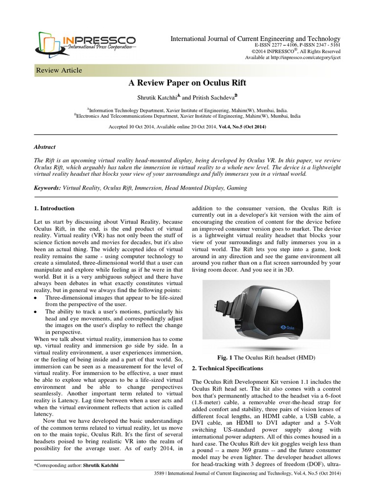 A Review Paper On Oculus Rift | PDF | Virtual Reality | Oculus Vr