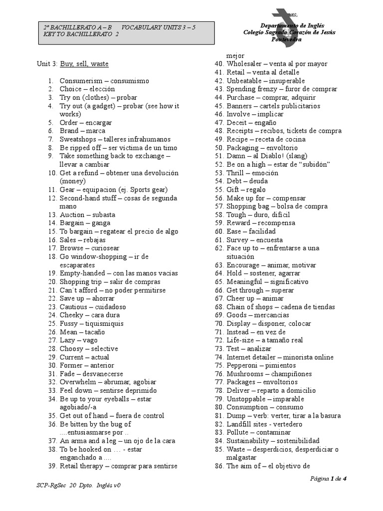 Key To Bachillerato 2 - Vocabulary Units 3, 4 | PDF | Naturaleza