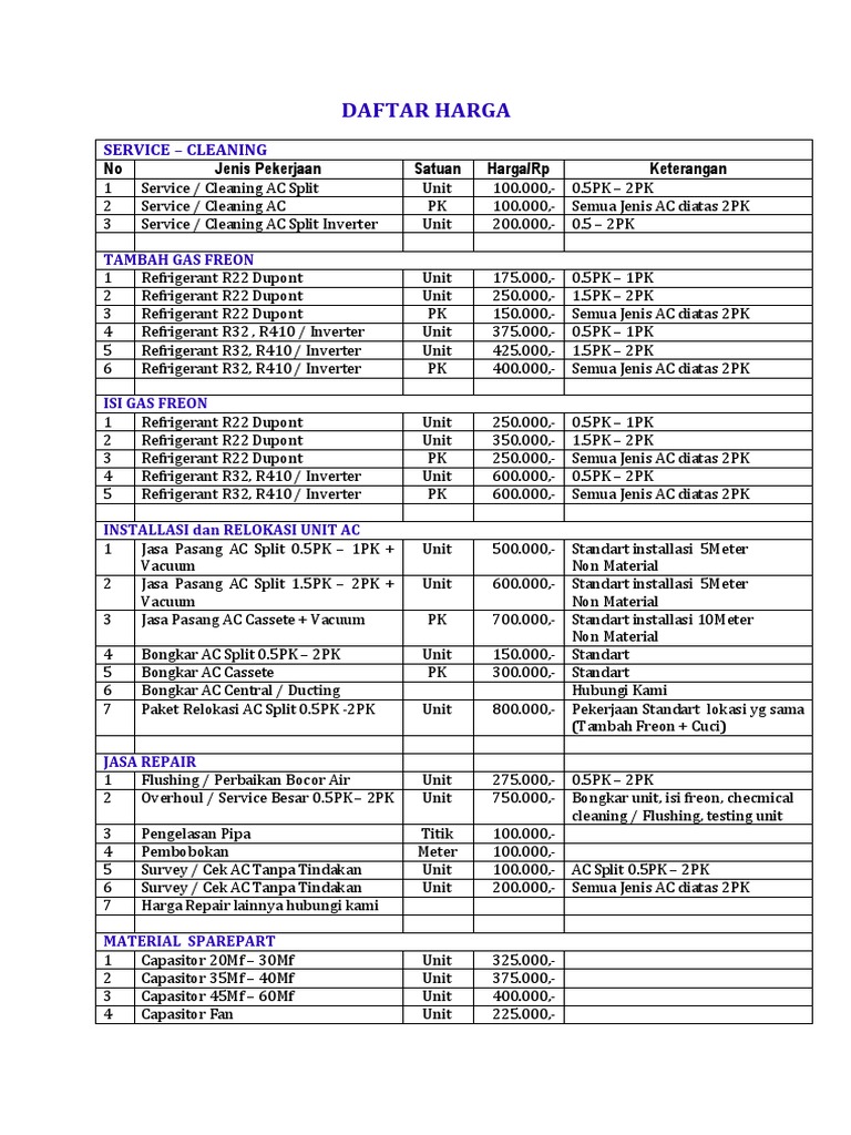 Daftar Harga Service Ac 2016 PDF | PDF | Teknologi & Rekayasa