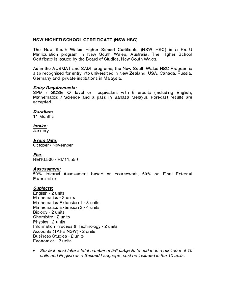 NSW Higher School Certificate (NSW HSC) : Entry Requirements | PDF ...