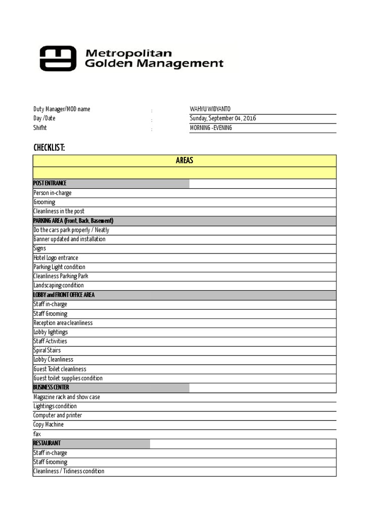 Manager On Duty Check List: Areas | PDF | Kitchen | Elevator
