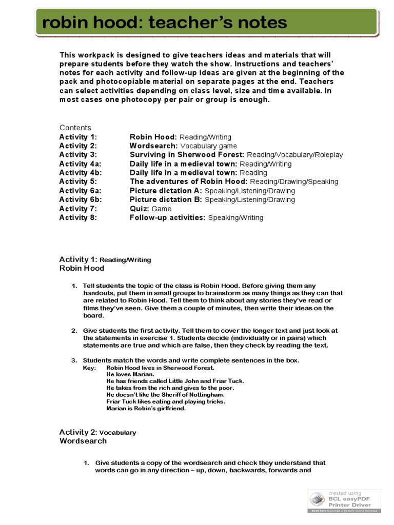 Robinhood Work Pack | PDF | Robin Hood | Word Search