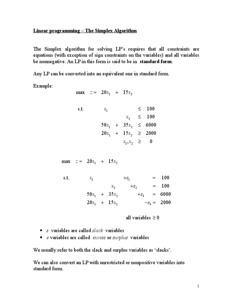Linear Programming The Simplex Algorithm Z X X X X X X X X Xx Pdf Linear Algebra