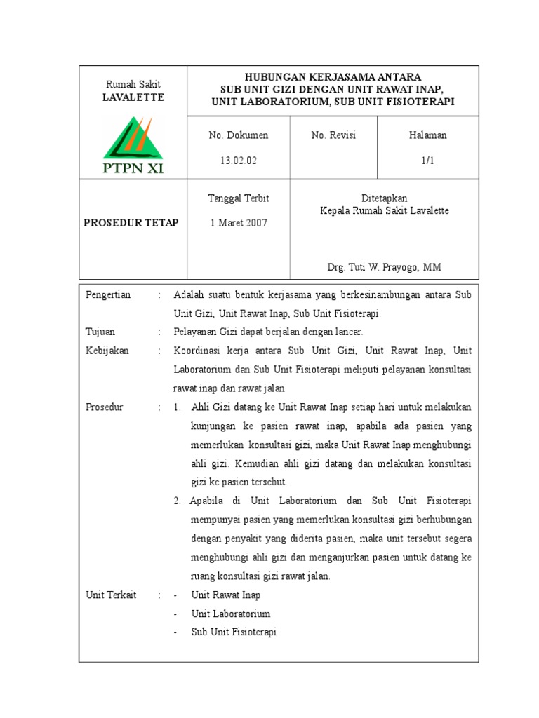Protap Hubungan Kerjasama Gizi DGN Rawat Inap, Lab, Fisioterapi | PDF
