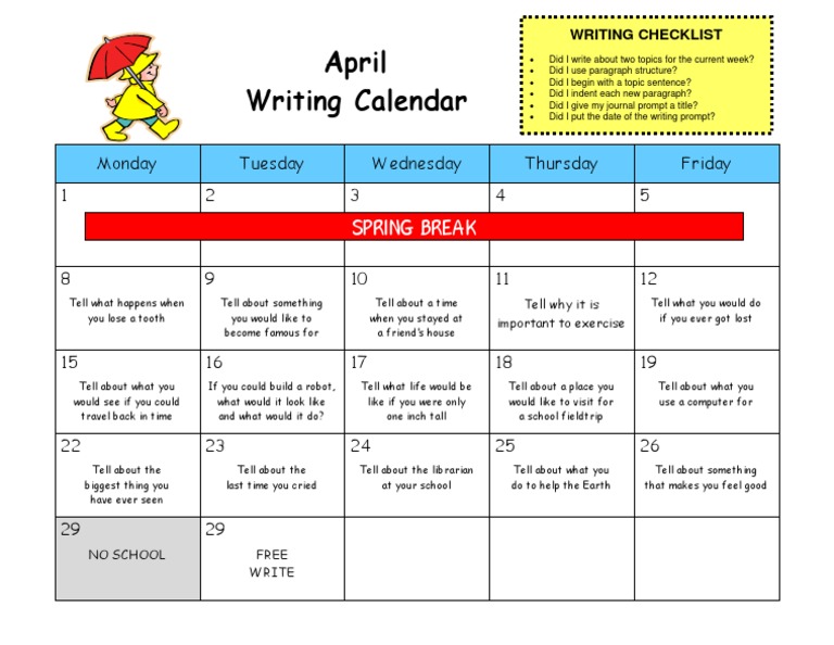 April Writing Calendar: Spring Break | PDF | Paragraph
