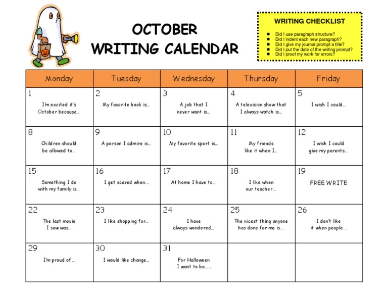 October Writing Calendar: Monday Tuesday Wednesday Thursday Friday 1 2 ...