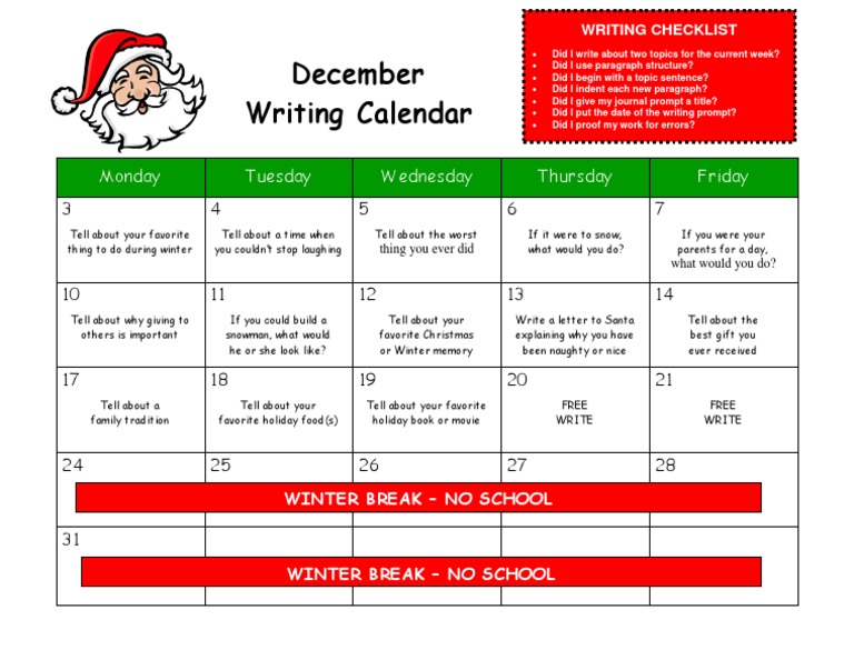 December Writing Calendar: Monday Tuesday Wednesday Thursday Friday ...