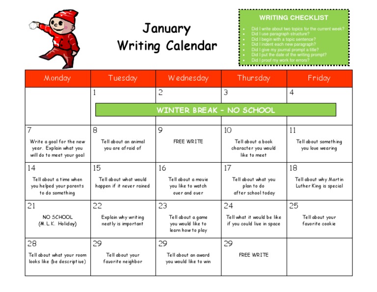 January Writing Calendar: Monday Tuesday Wednesday Thursday Friday ...