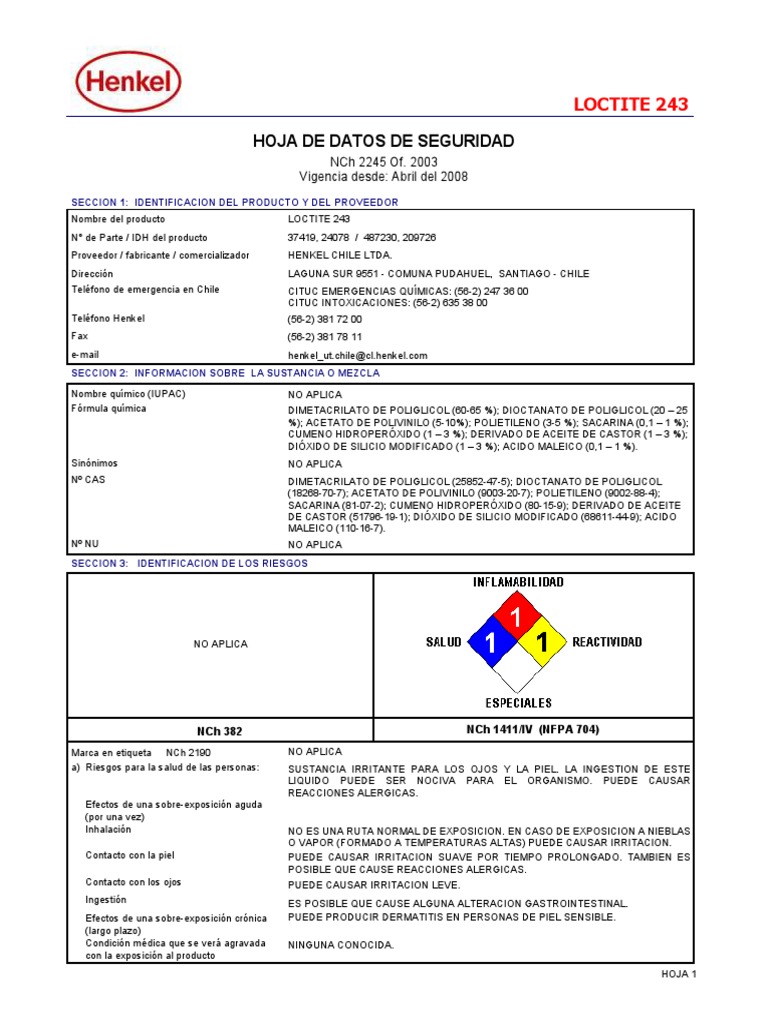 MSDS LOCTITE 243 | Residuos | Alergia