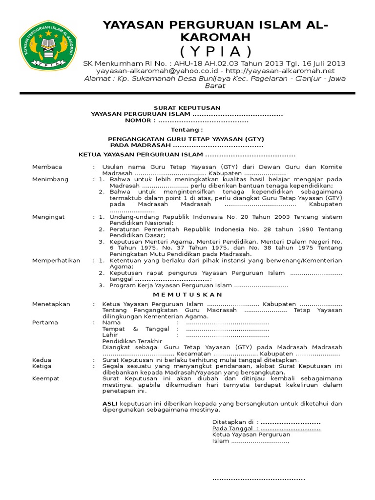 Contoh SK Guru Tetap Yayasan Madrasah Format | PDF