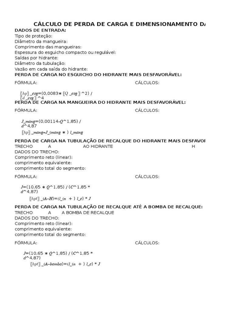 Calculo de Perda de Carga de Dimensionamento de Bomba | PDF