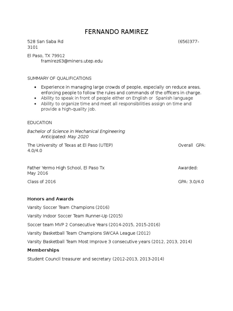 UTEP Resume of Fernando Ramirez | PDF